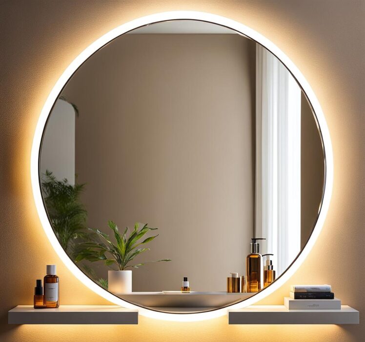 Round Mirror with Shelf for Storage and Display - Tiponthetrail.com